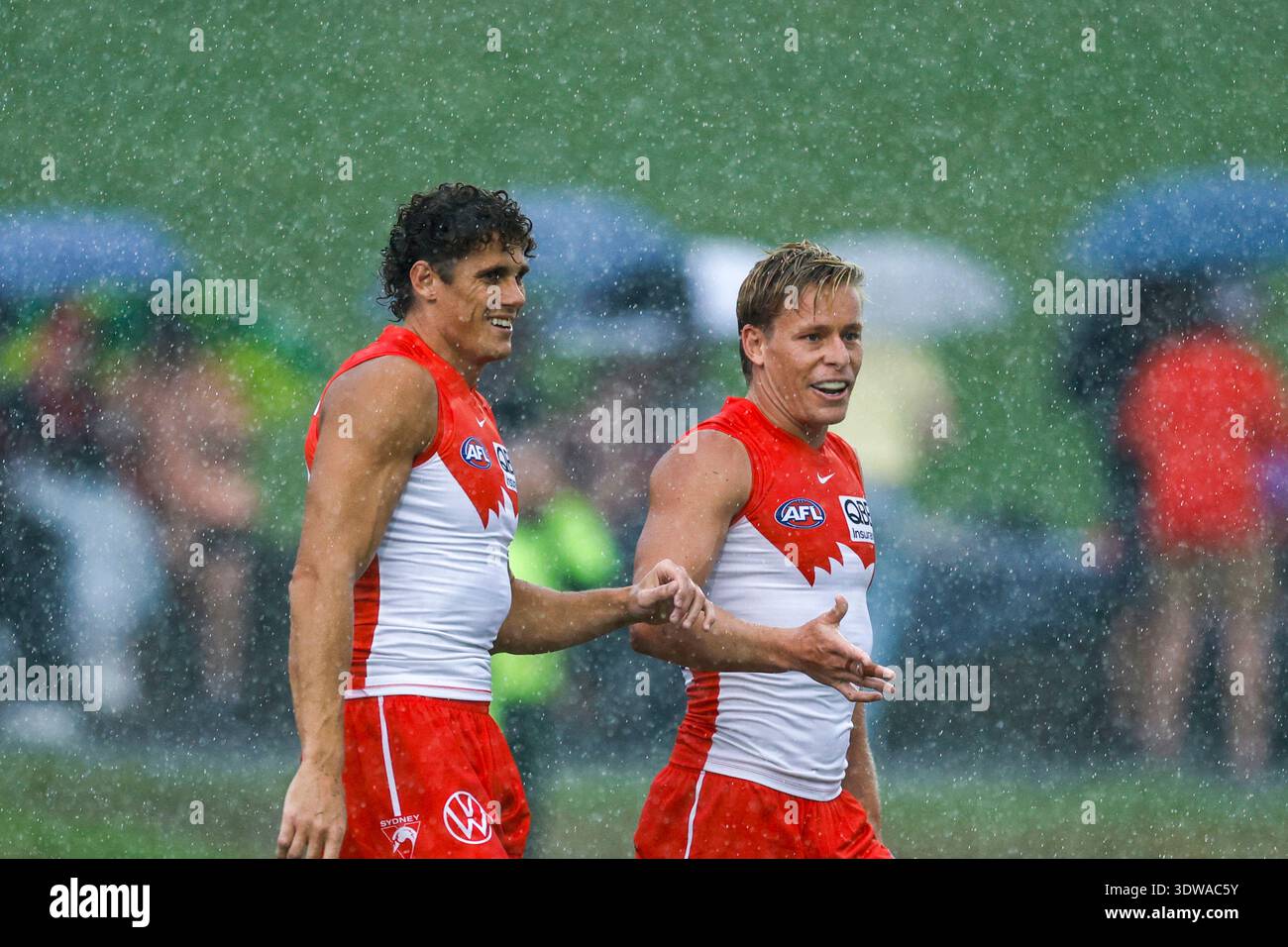 Isaac Heeney of the Swans celebrates scoring a goal during the AFL ...