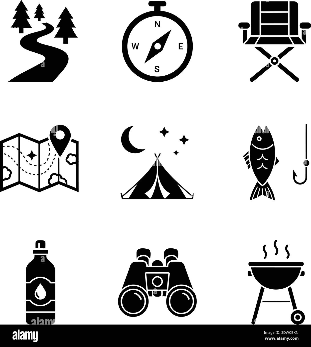 Minimalist black and white vector icons illustrating outdoor activities ...
