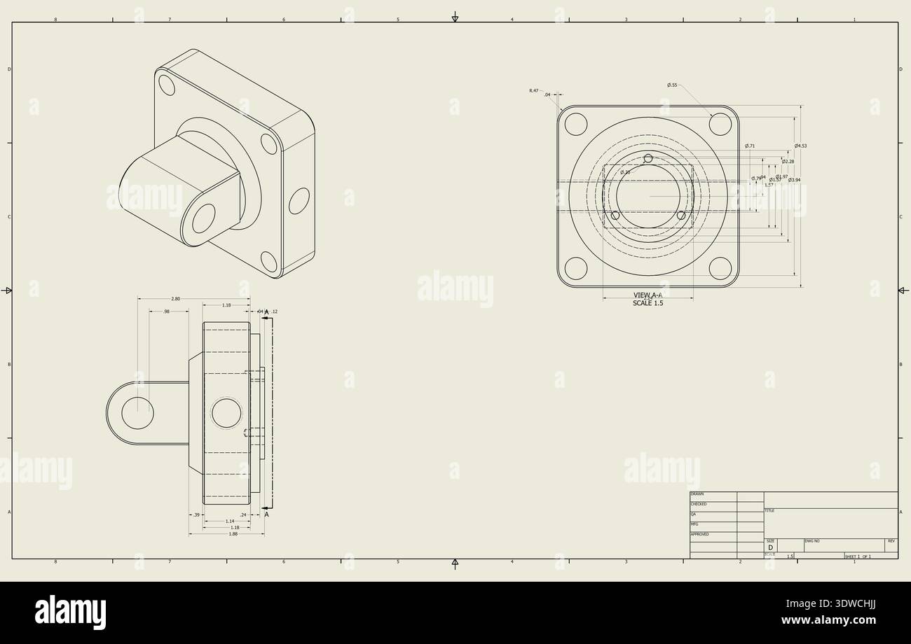 Detailed engineering drawing of a flange mount part with dimensions ...