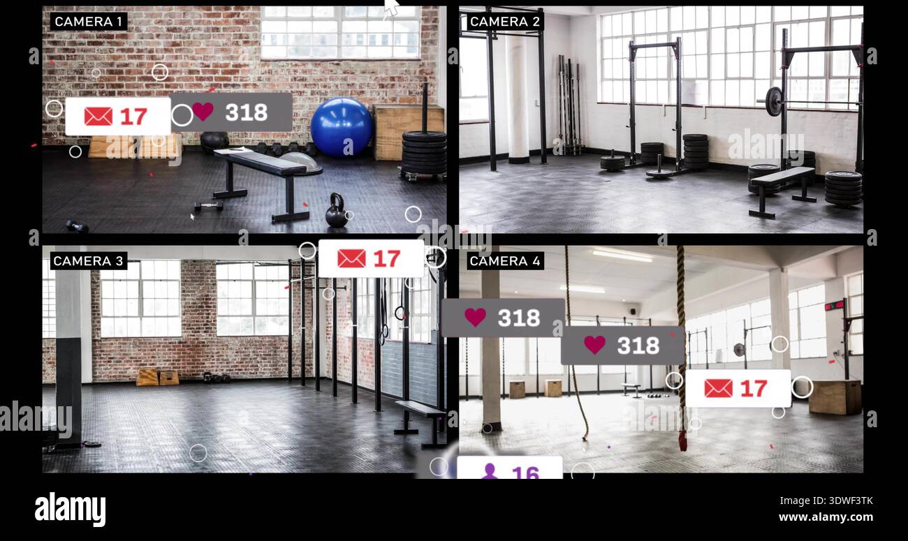 Displaying four-panel surveillance view of industrial gym interior ...