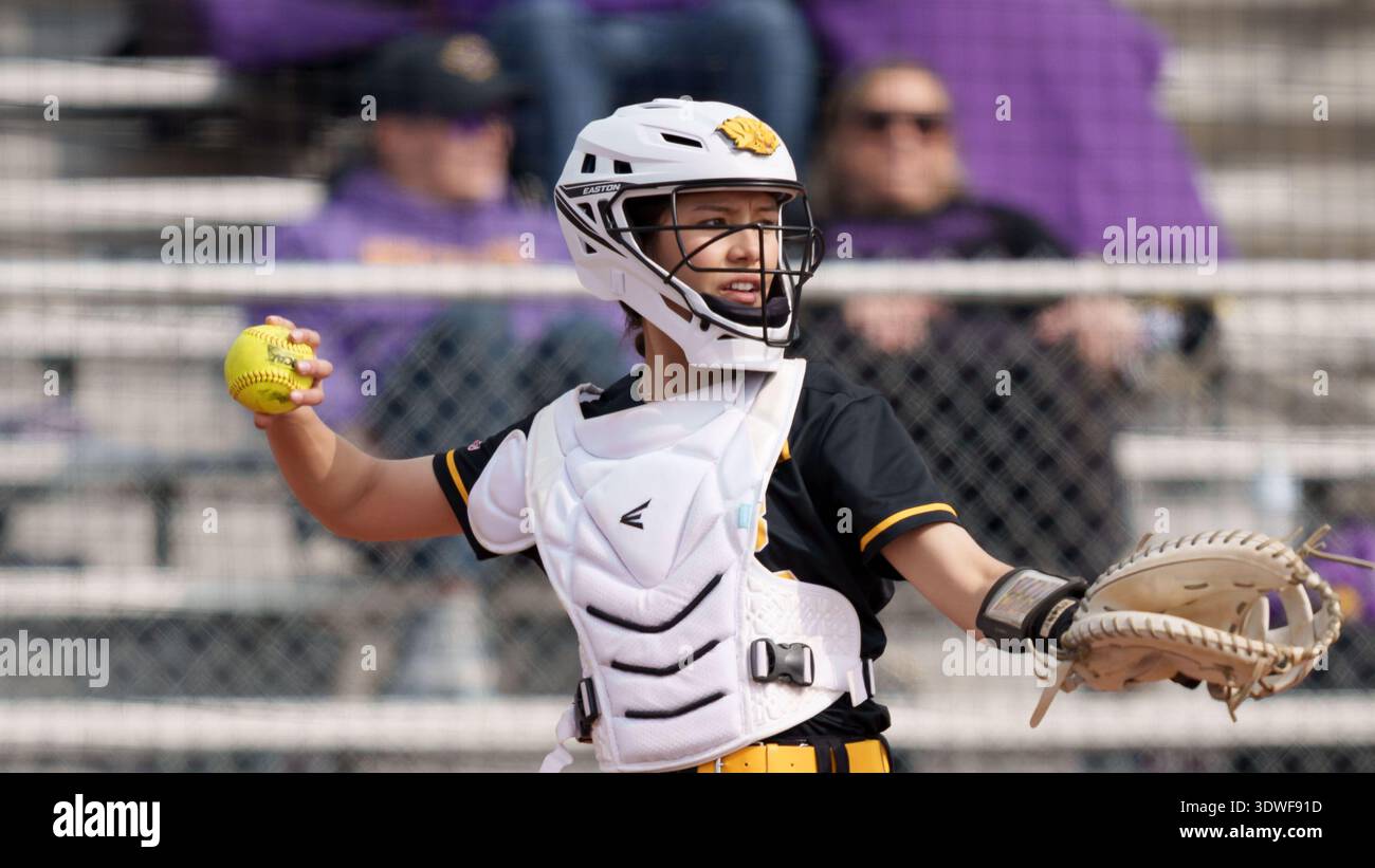 Arkansas-Pine Bluff catcher Angelina Rivas (8) throws during an NCAA ...