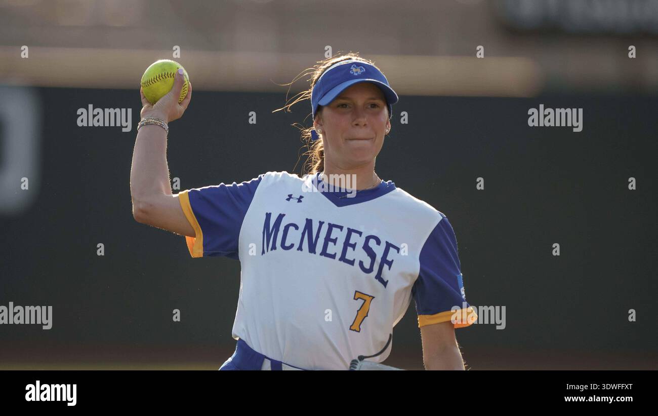 McNeese outfielder Rylee Eyster (7) throws during an NCAA softball game ...