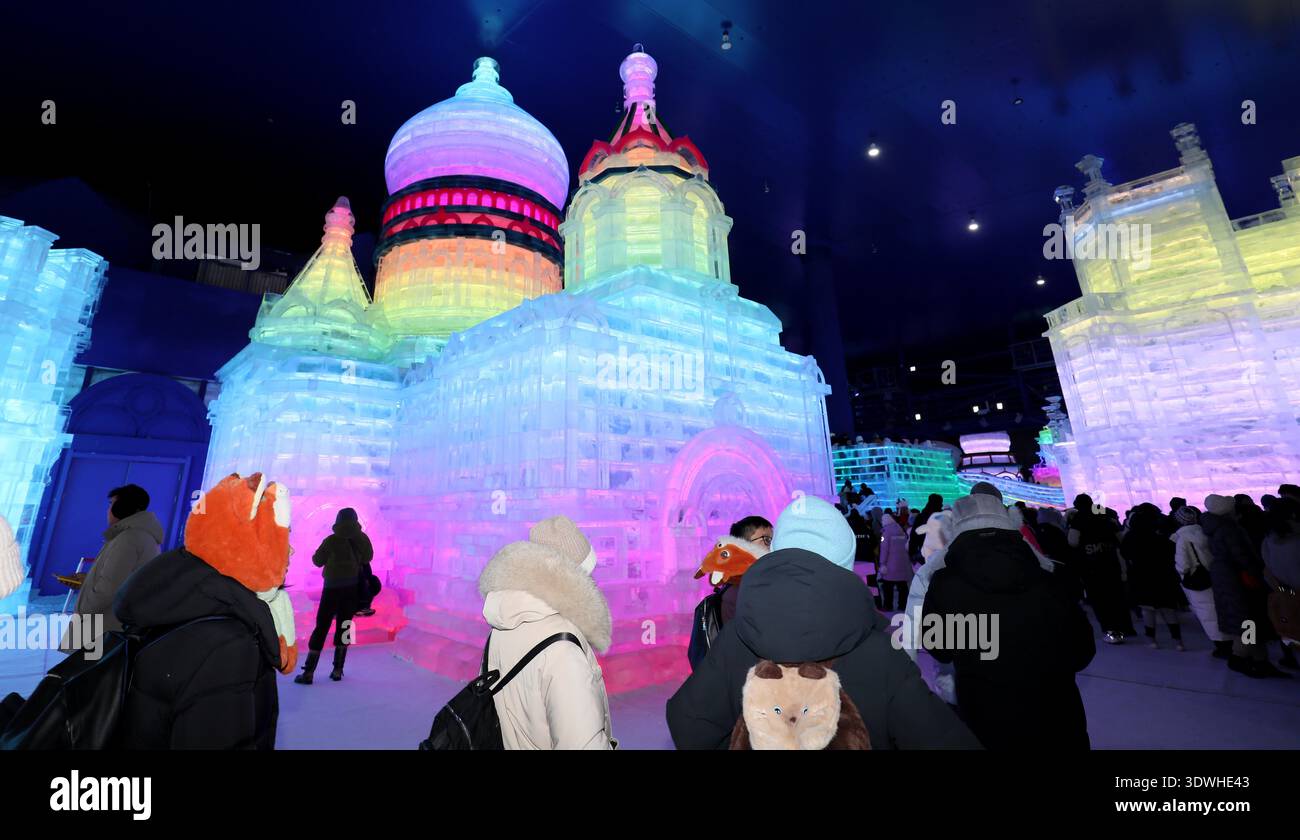 Visitors enjoy the newly upgraded Dream Ice and Snow Museum at Harbin ...
