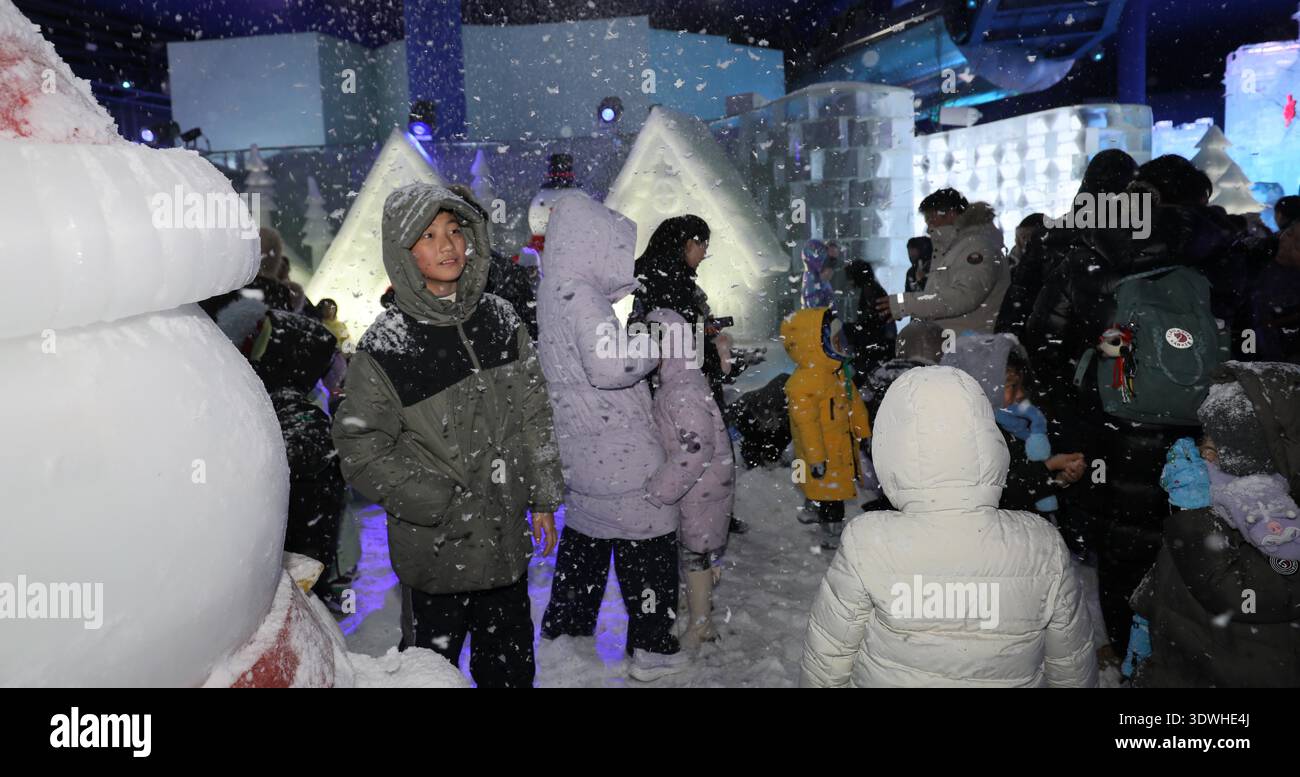 Visitors enjoy the newly upgraded Dream Ice and Snow Museum at Harbin ...