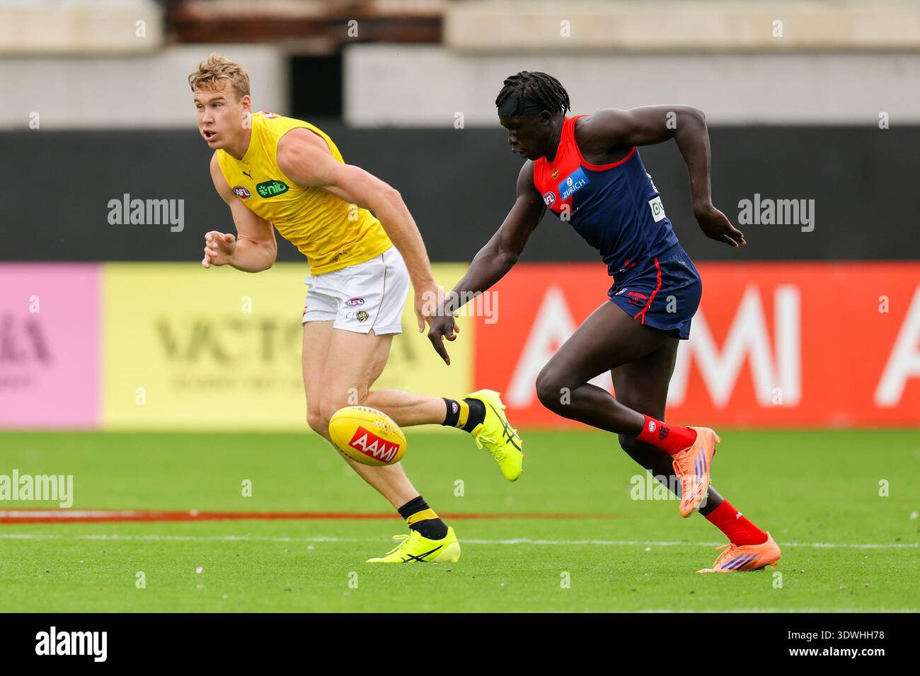 Changkuoth Jiath of the Demons bounces the ball during the AFL ...