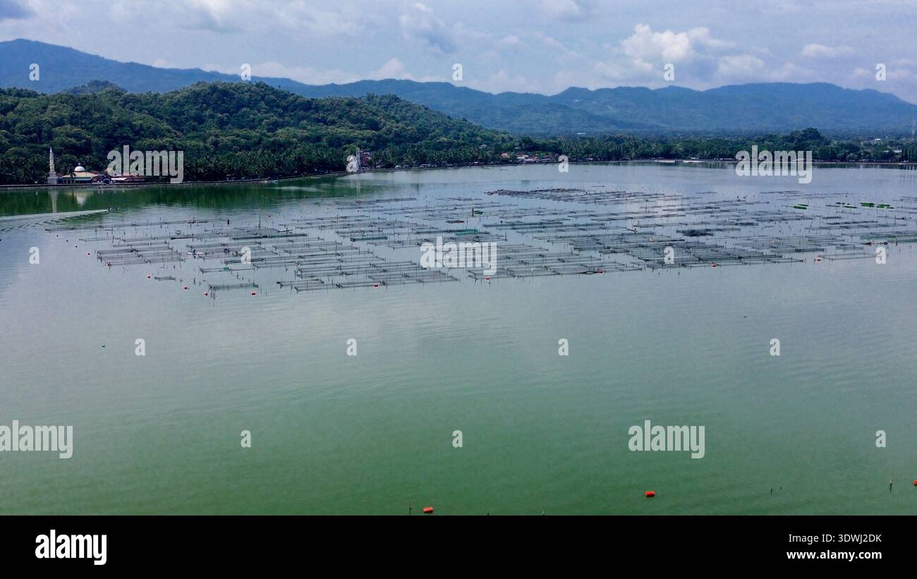 traditional Offshore fish farming cages in a lake and fish swimming ...