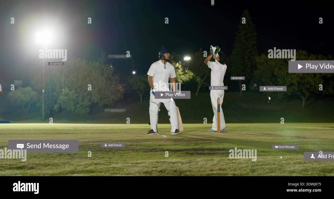 Standing players wearing white pads holding bat lifting helmet by ...