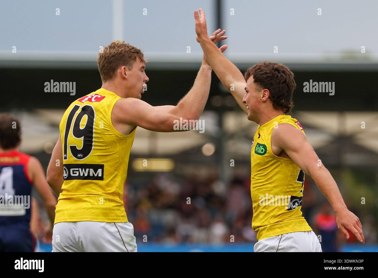 Tom Lynch of the Tigers celebrates a goal with teammates during the AFL ...