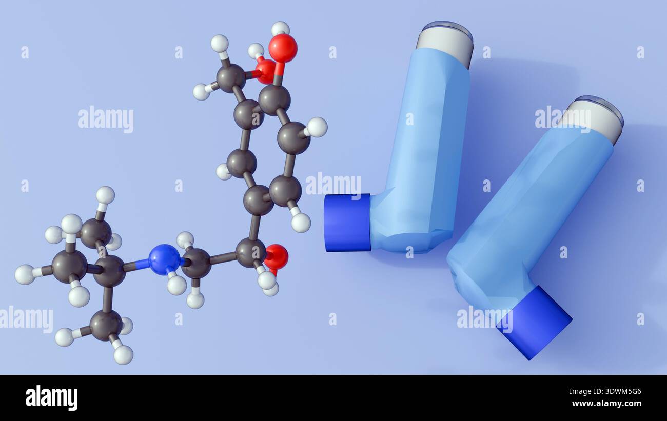 3D rendering of a blue asthma inhaler with salbutamol molecules, a ...