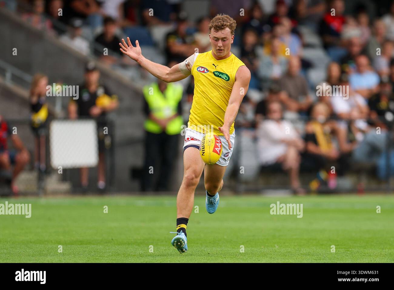 Kane Mcauliffe of the Tigers kicks the ball during the AFL Community ...