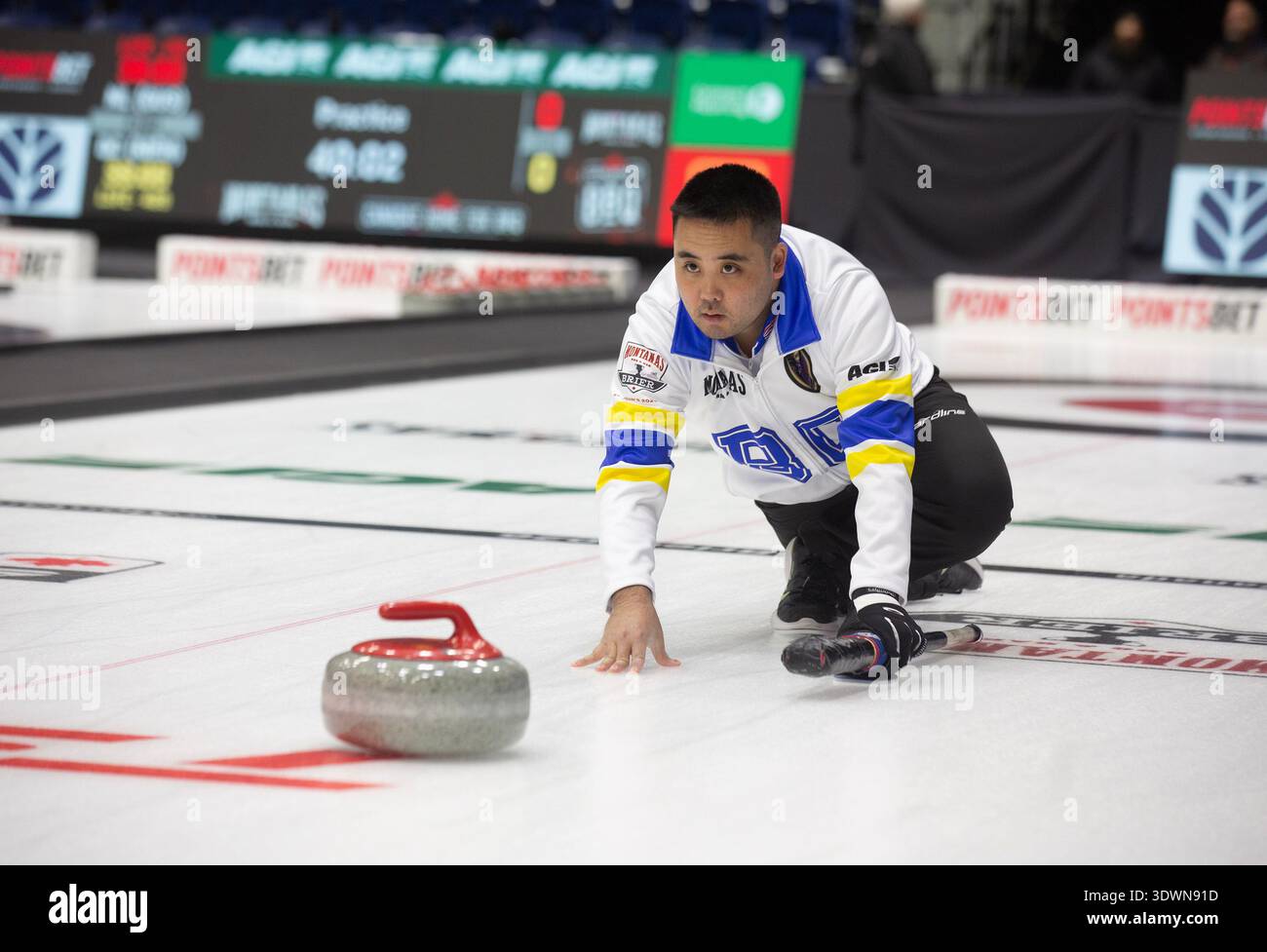 British Columbia skip Cody Tanaka on the ice during a practice session ...