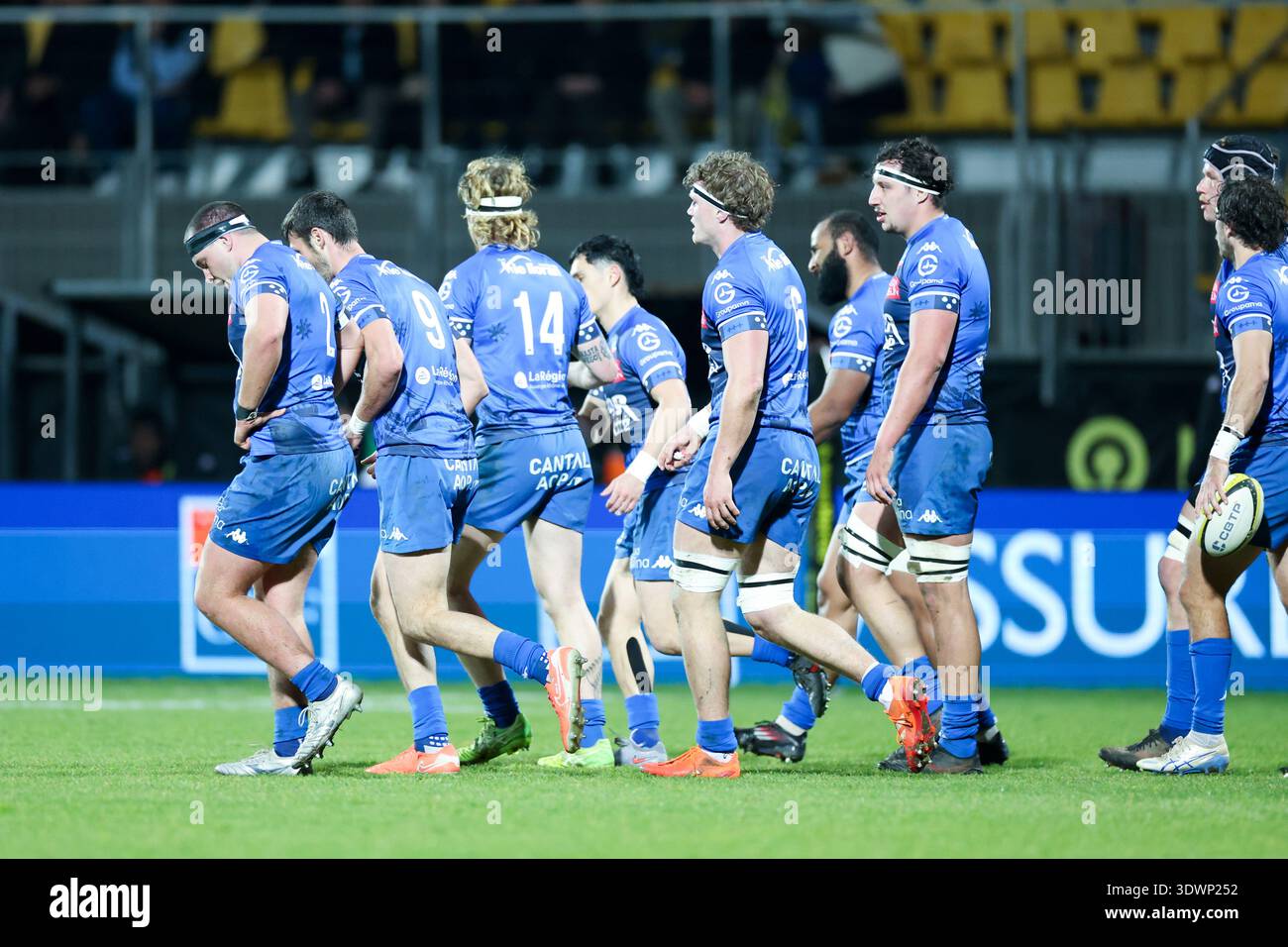 David DELARUE of Aurillac celebrates his try with teammates during the ...
