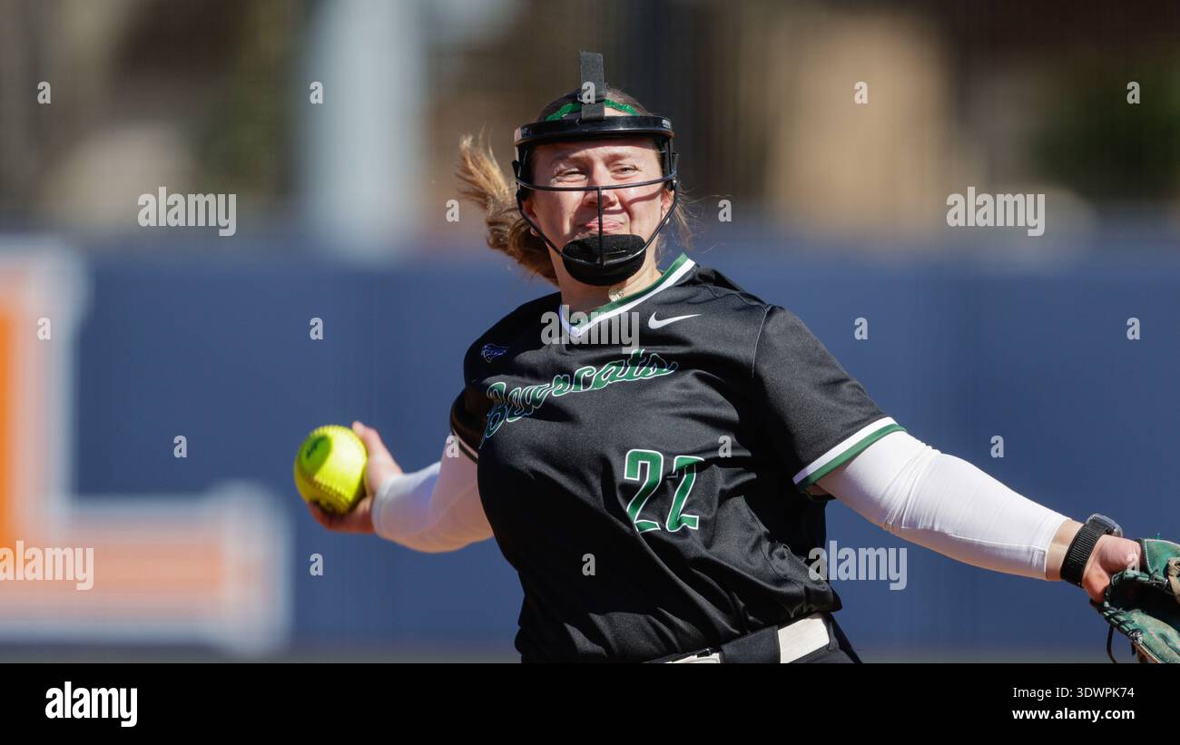 Binghamton's Delaney Glover (22) pitches during an NCAA softball game ...