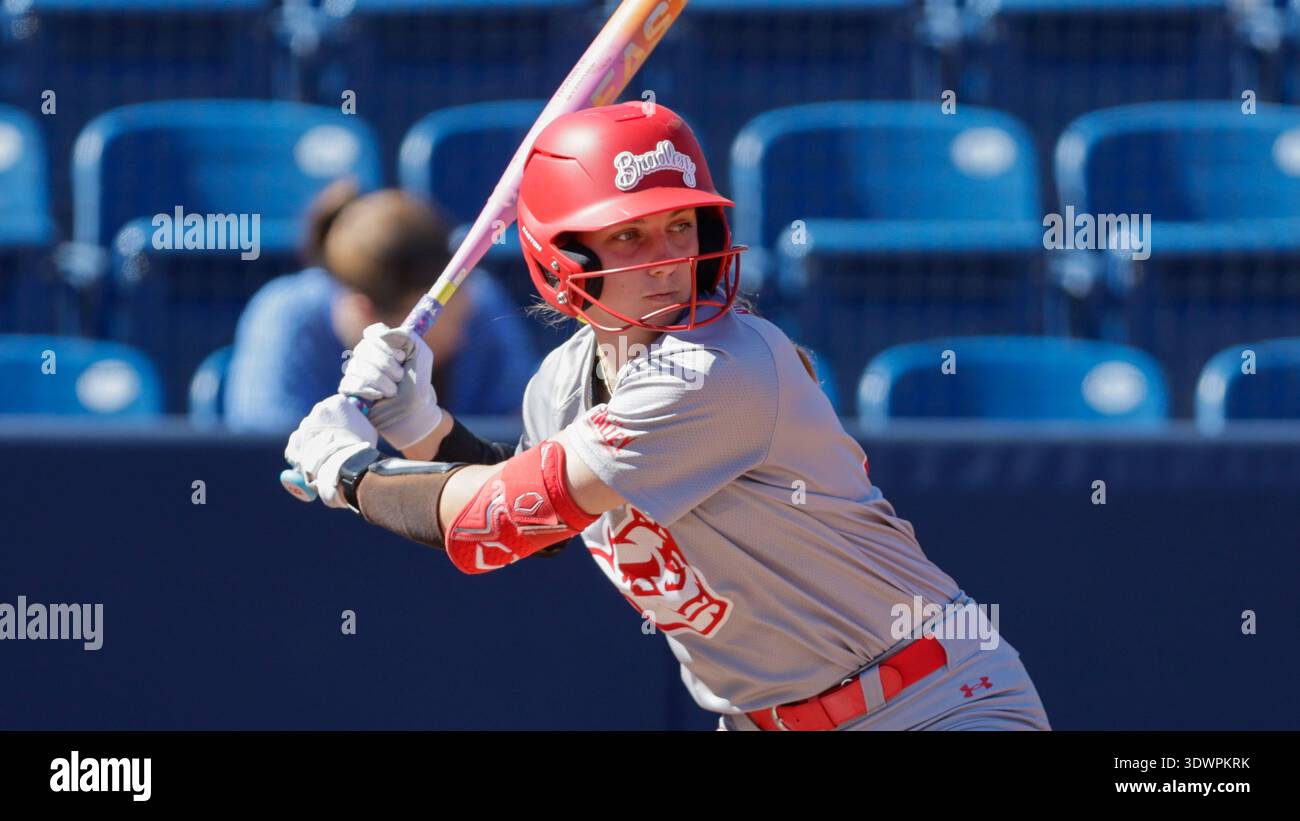 Bradley's Emily Organ (9) at bat during an NCAA softball game against ...