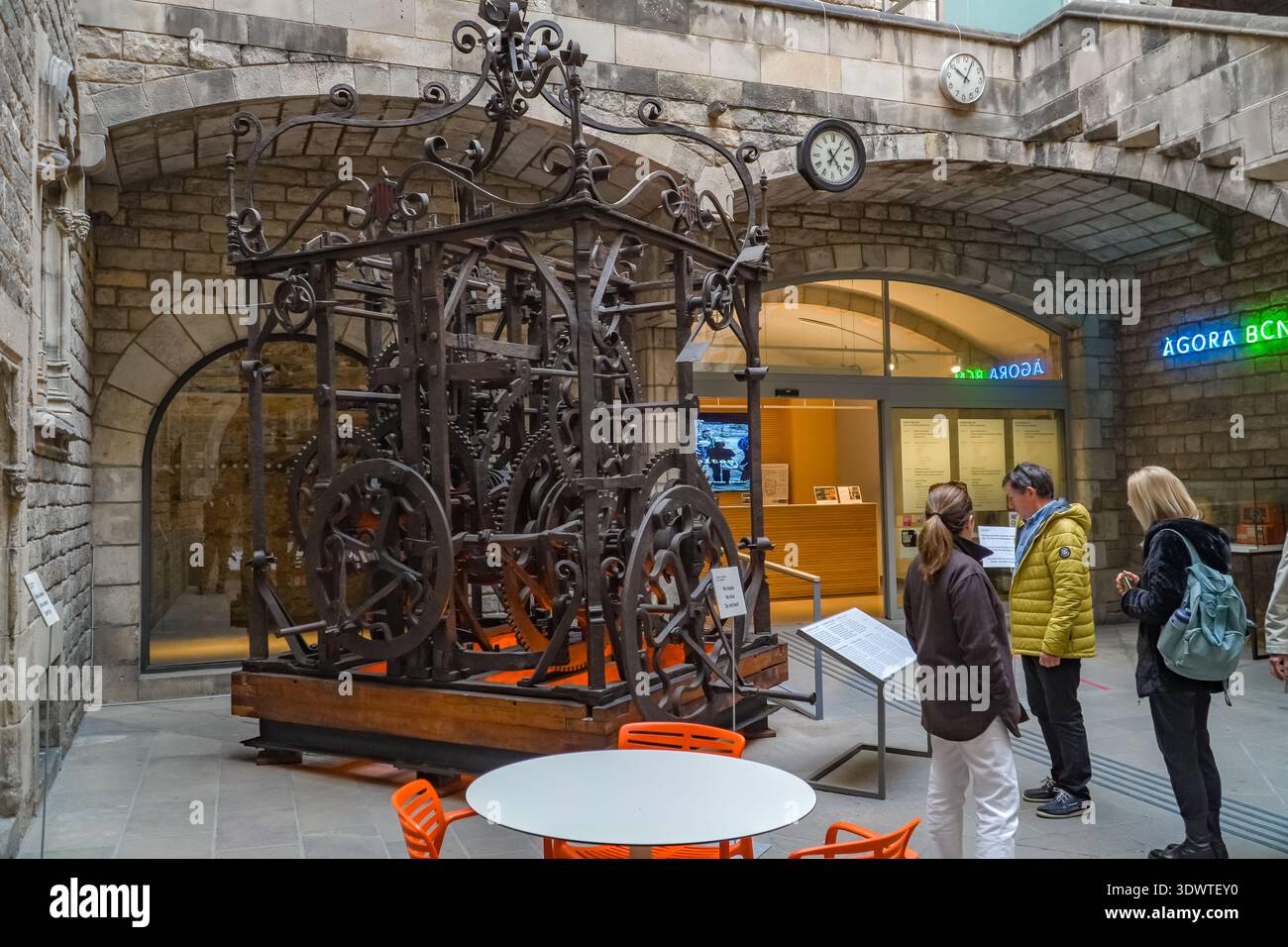 Historic iron clock movement machinery on display at Casa Padellàs, the ...