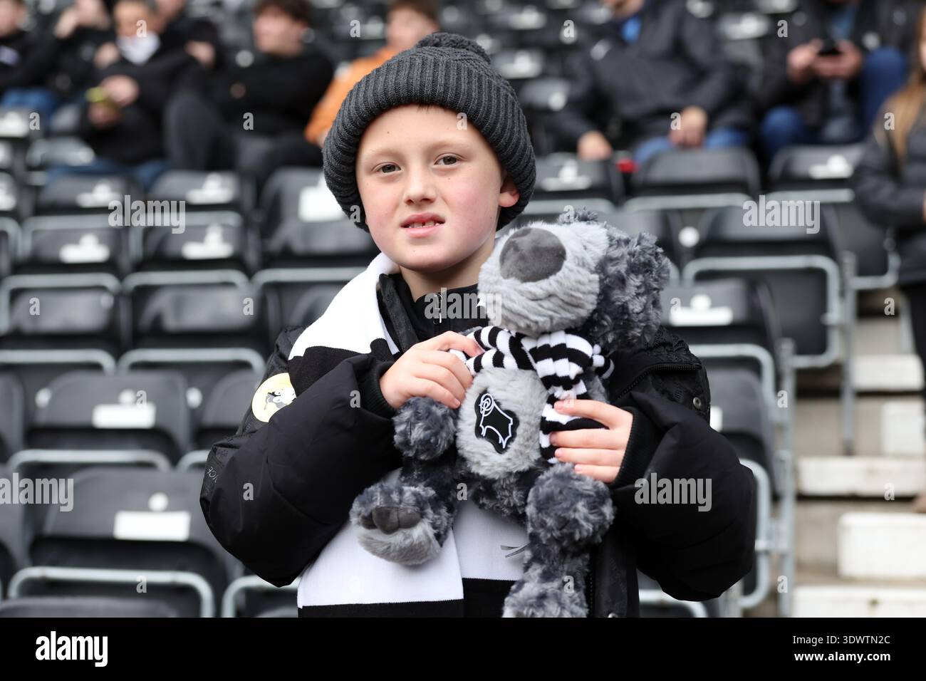 Leo, a young Derby Fan in the stands before the Sky Bet Championship ...