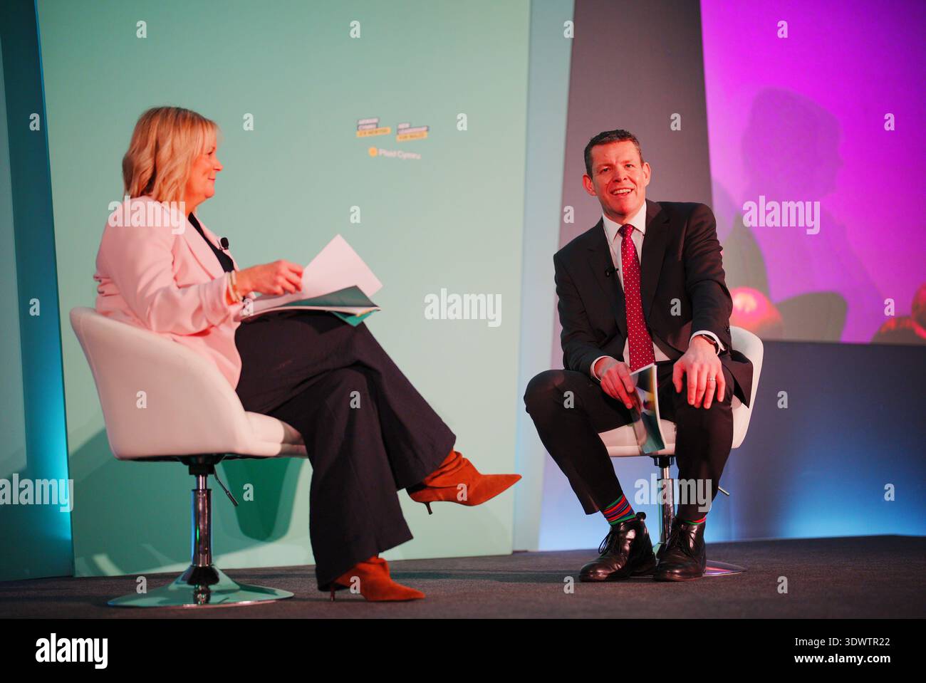 Plaid Cymru leader Rhun ap Iorwerth in discussion with Nerys Evans ...