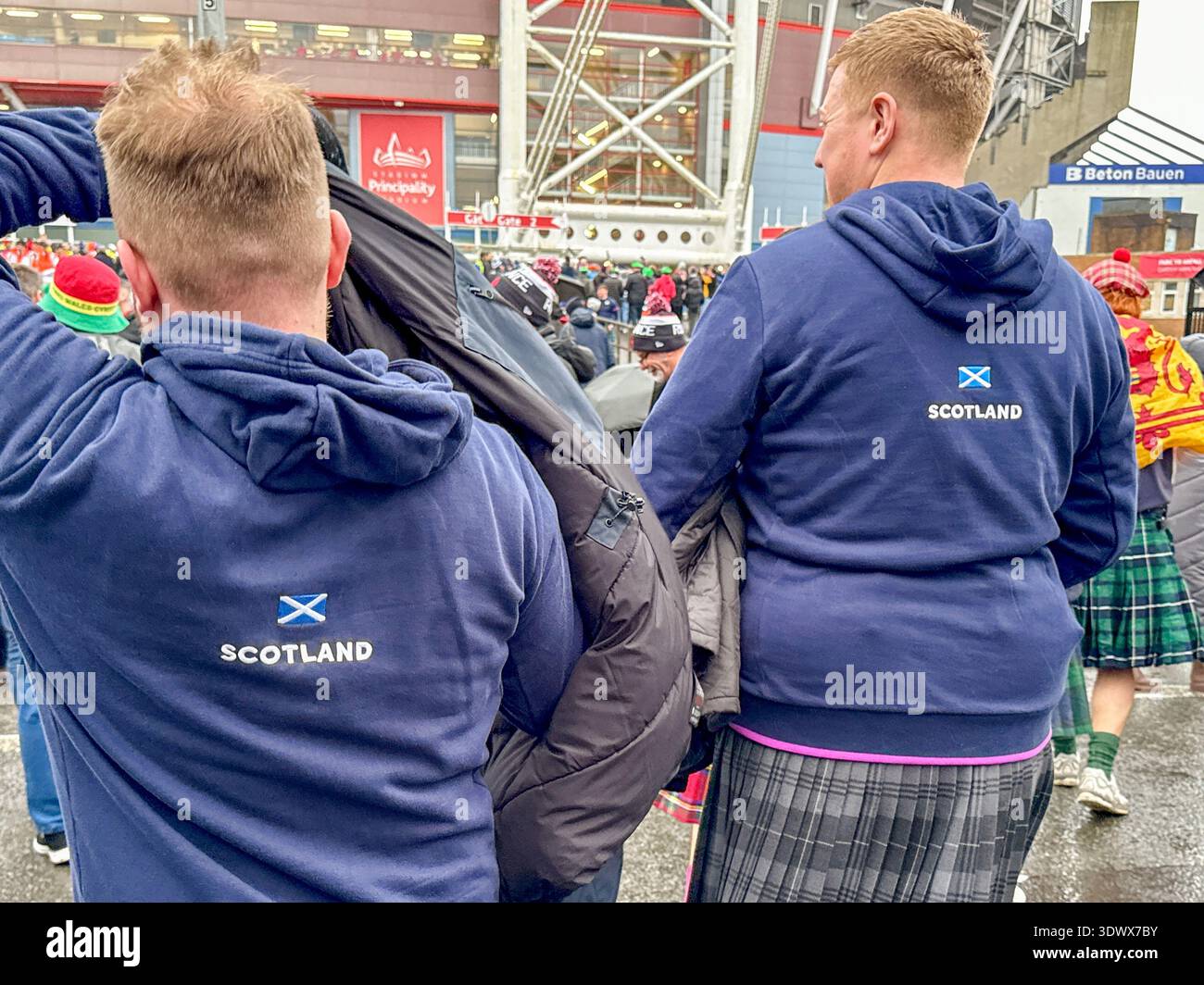 Cardiff, Wales, UK - 21 February 2026: Scottish rugby fans making their ...
