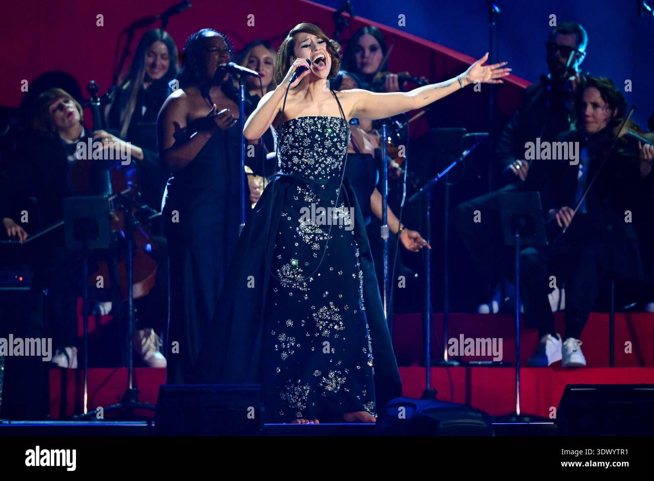 London, UK. 28 February 2026. Raye performing at the Brit Awards 2026 ...