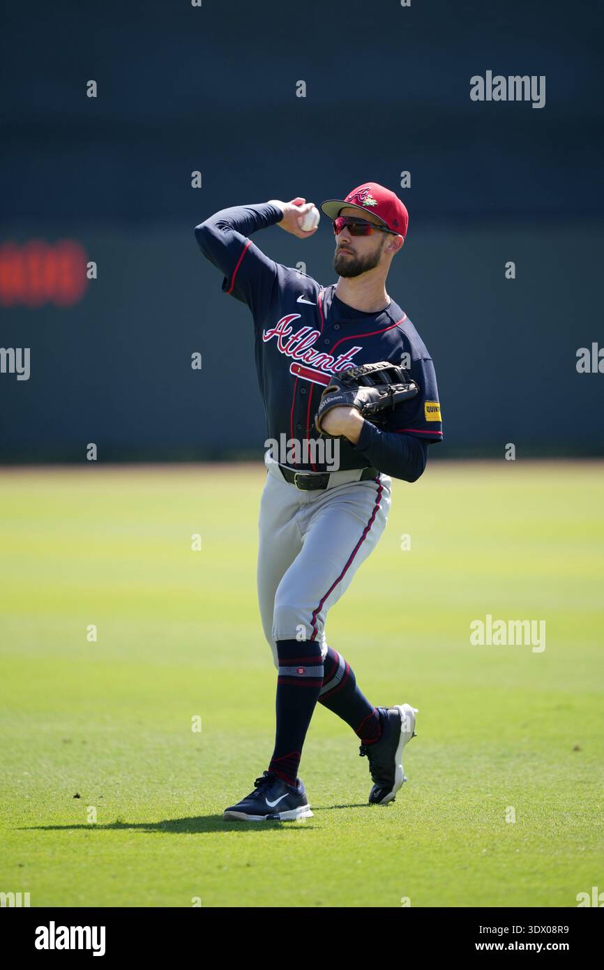 Atlanta Braves' Eli White warms up before a spring training baseball ...