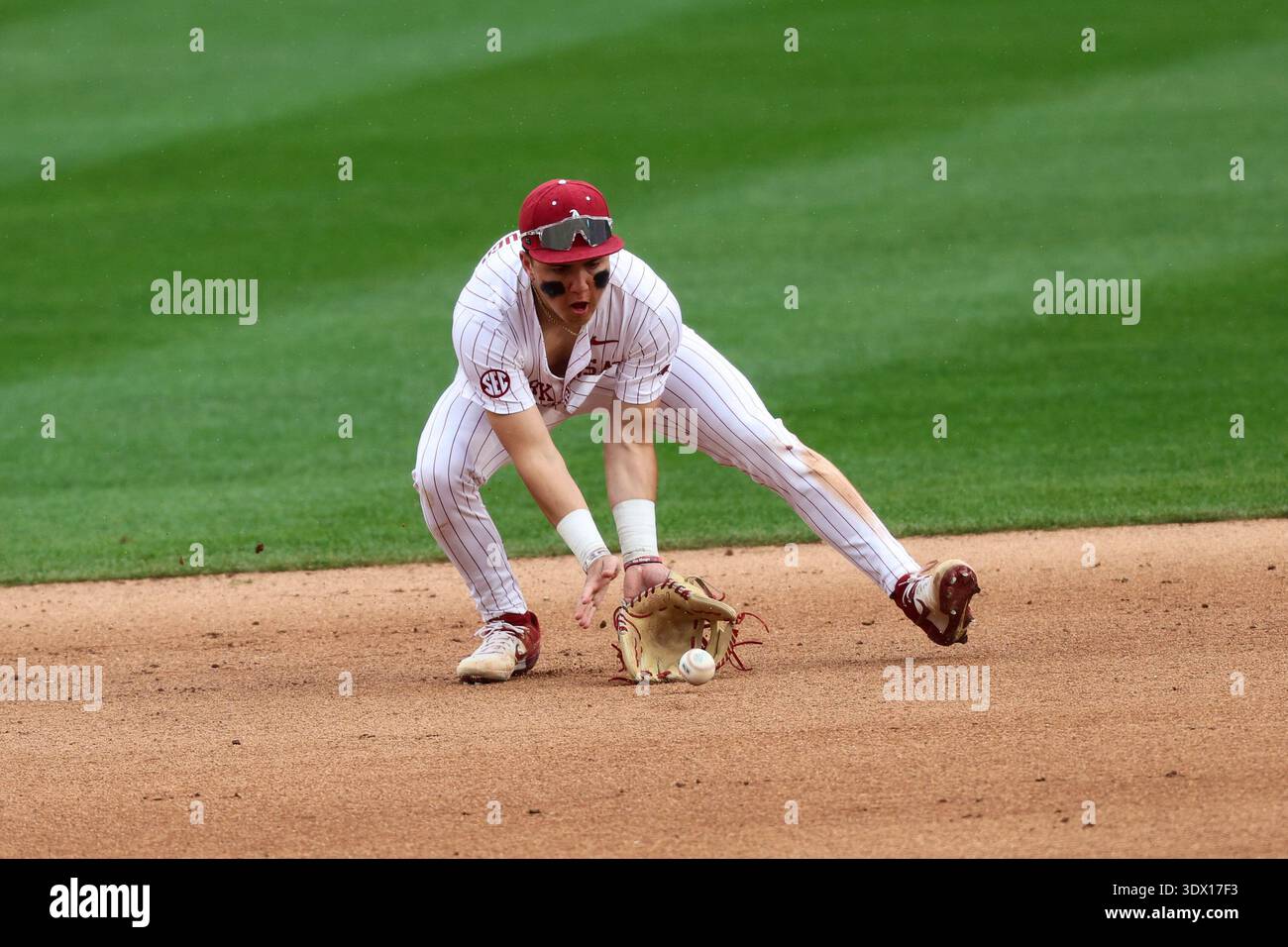 February 28, 2026: Razorback infielder Carson Brumbaugh (1) settles in ...