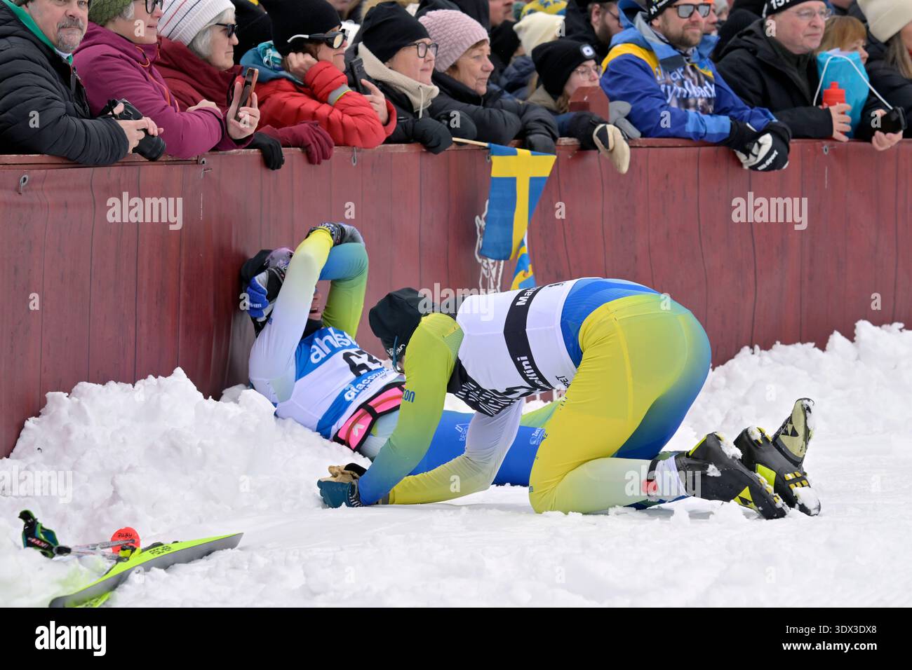 MORA, SWEDEN 20260301Tired skiers exhale after finishing in Vasaloppet ...