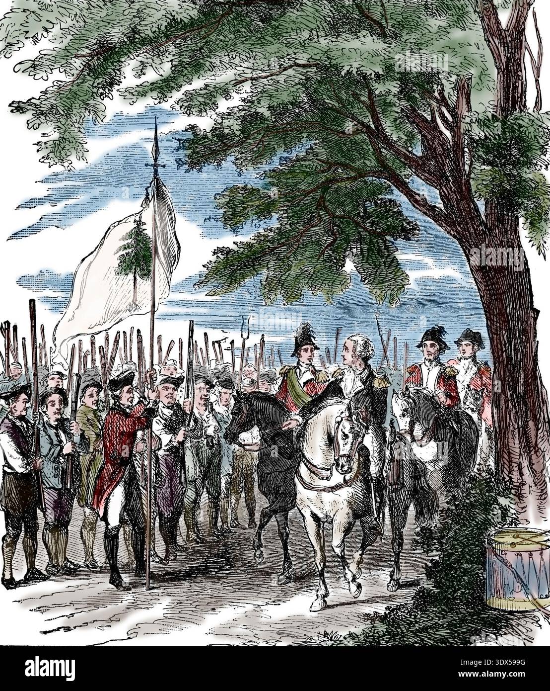 American Revolutionary War (1775-1783). Group of soldiers and George ...