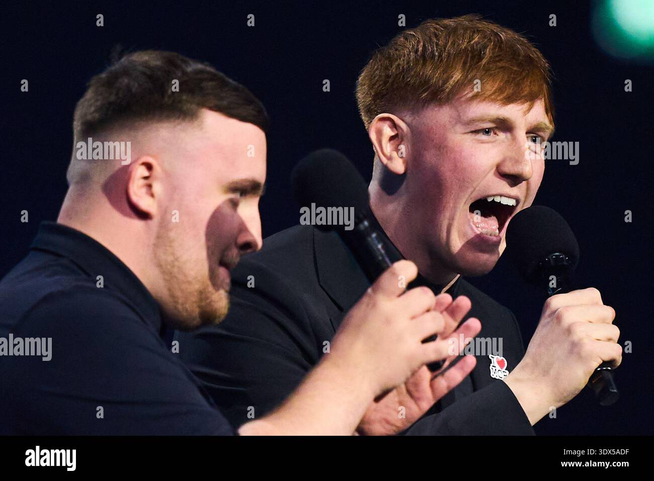 Luke Littler and Angryginge speak on stage during the Brit Awards 2026 ...