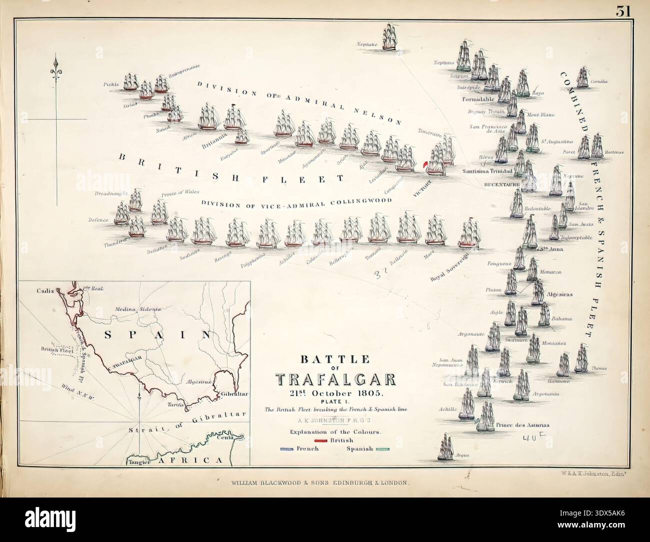 Alexander Keith Johnston "Map of the Battle of Trafalgar" 1848 hand ...