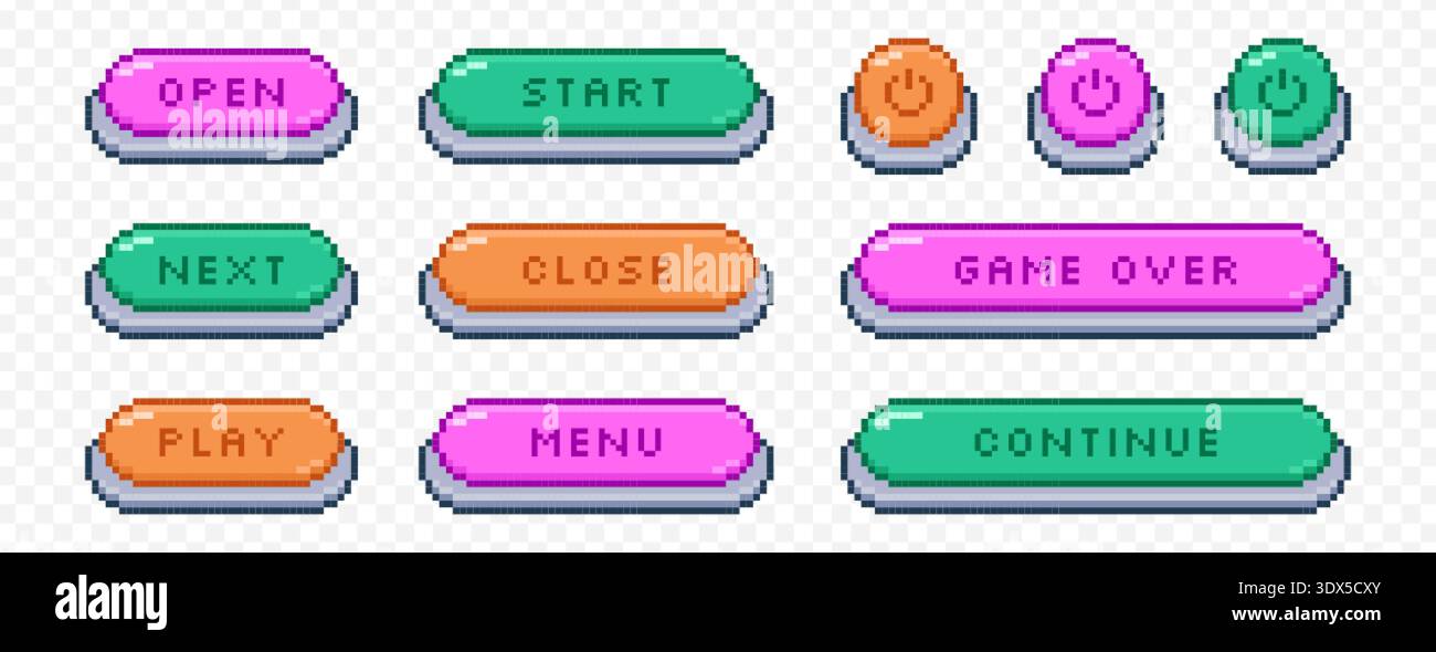 Vector set of colorful pixel art open, next, play and close buttons ...