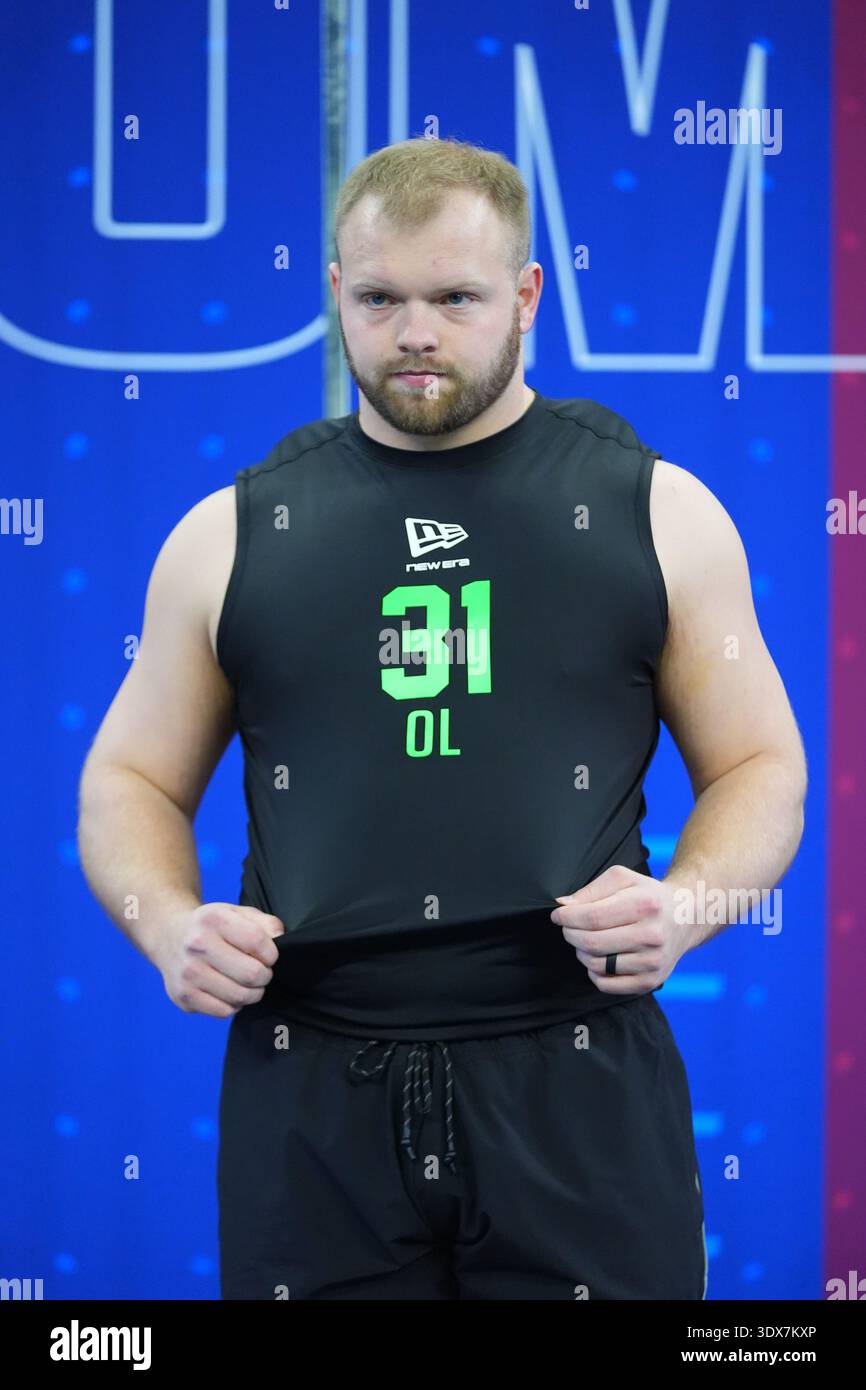 Iowa offensive lineman Logan Jones (31) runs a drill at the NFL ...