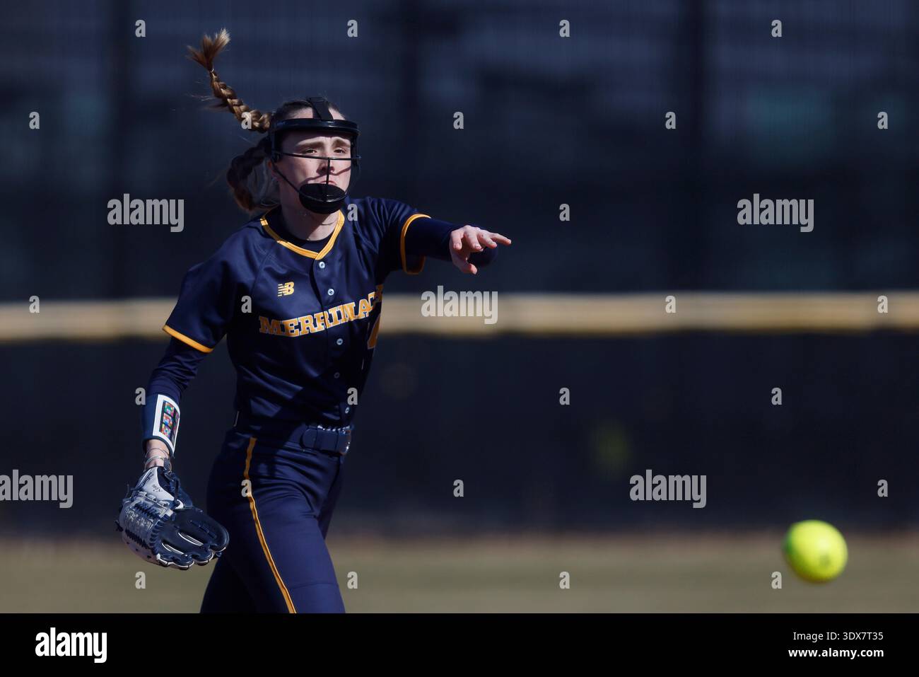 Merrimack pitcher Sam Ryan (14) in action during an NCAA softball game ...