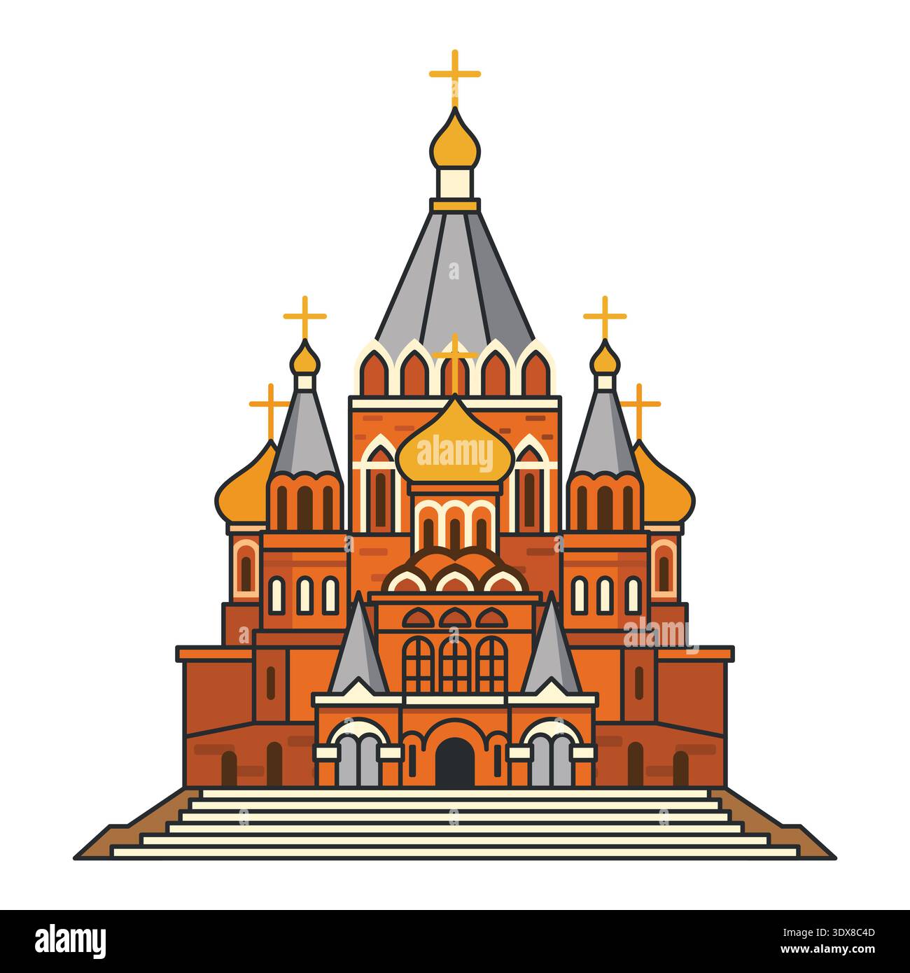 Orthodox cathedral with multiple domes and crosses, ornate red brick ...