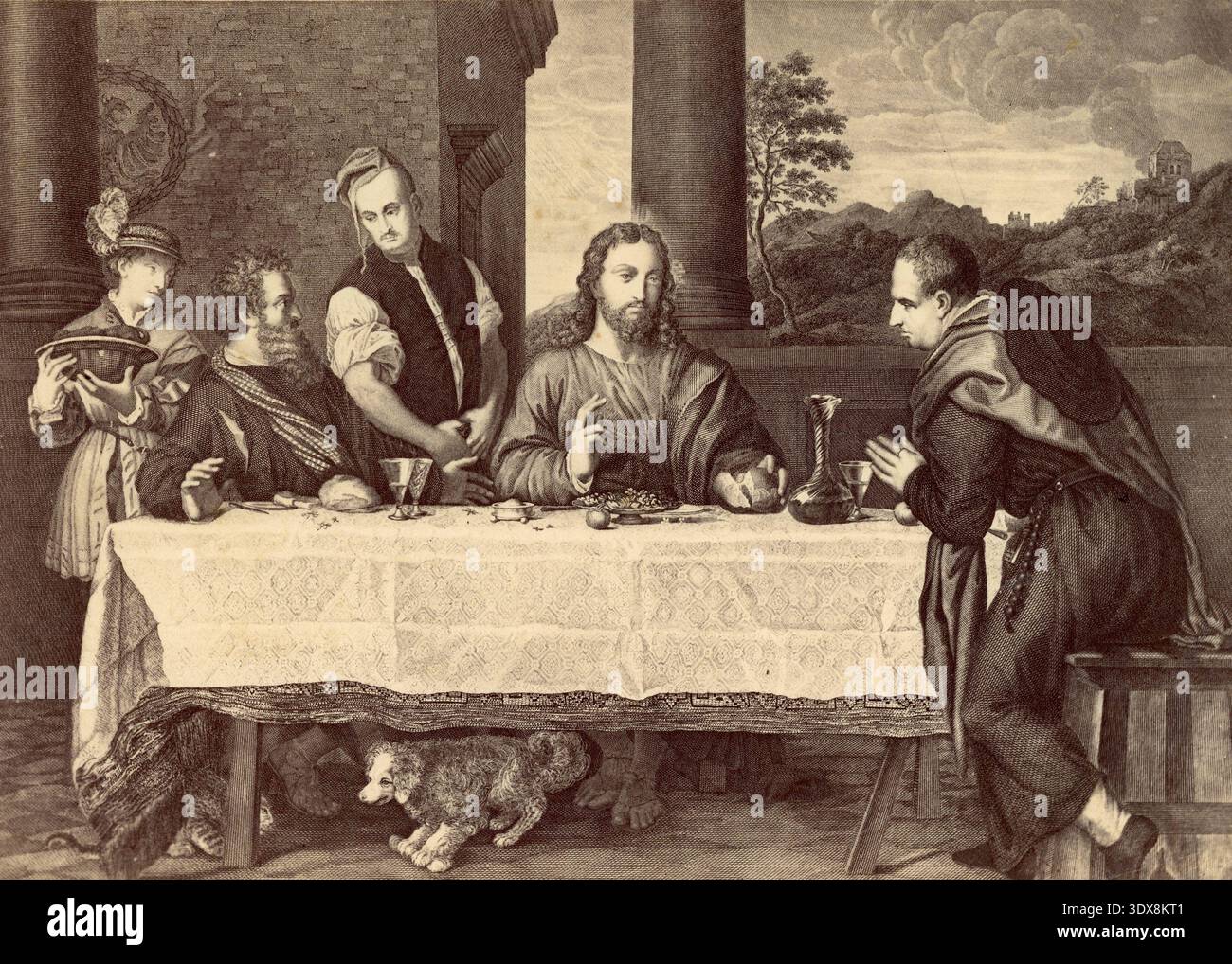 The Supper at Emmaus, engraving after painting by Italian artist Titian ...