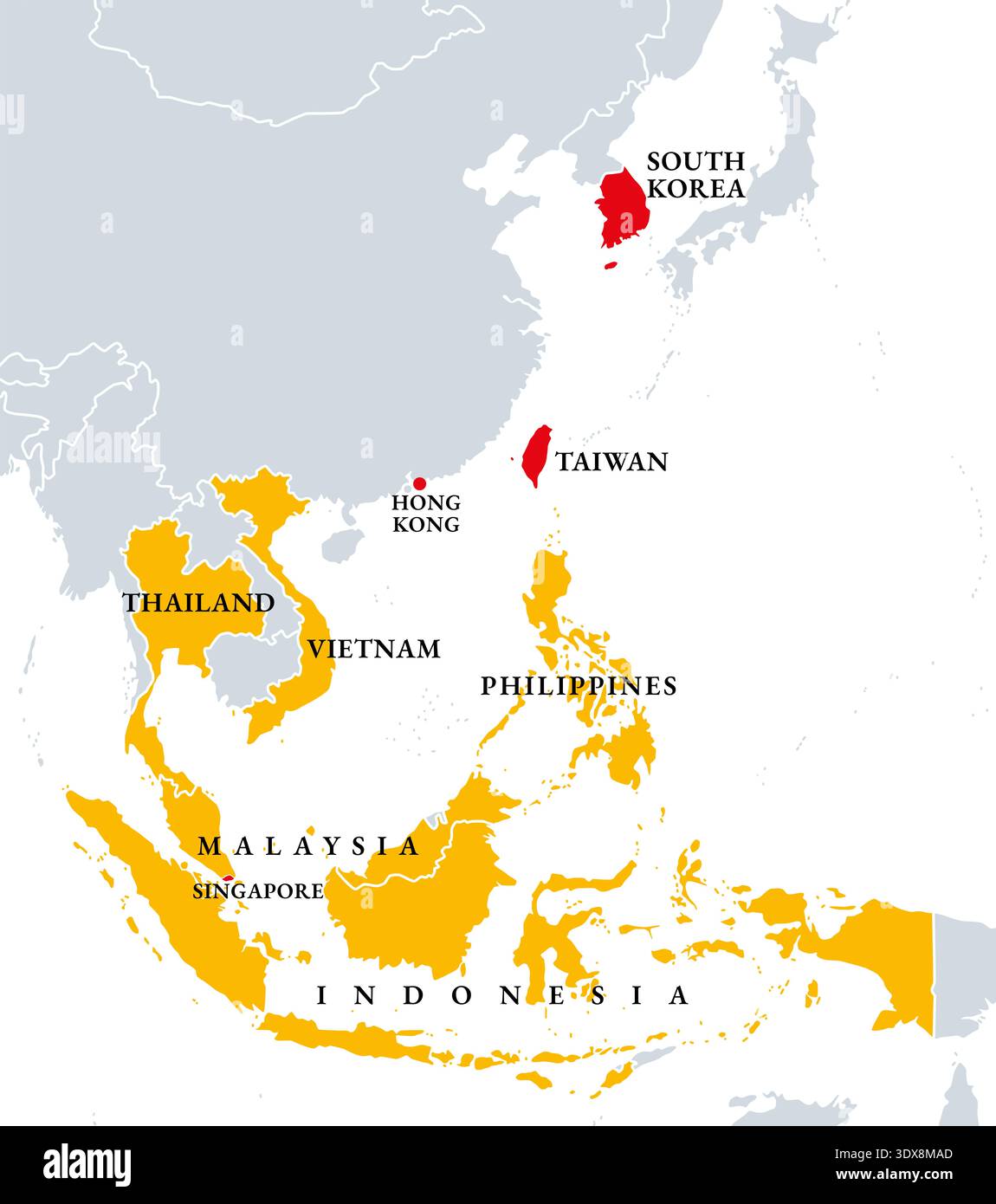 Political map of the Tiger Cub Economies highlighted in yellow, and the ...