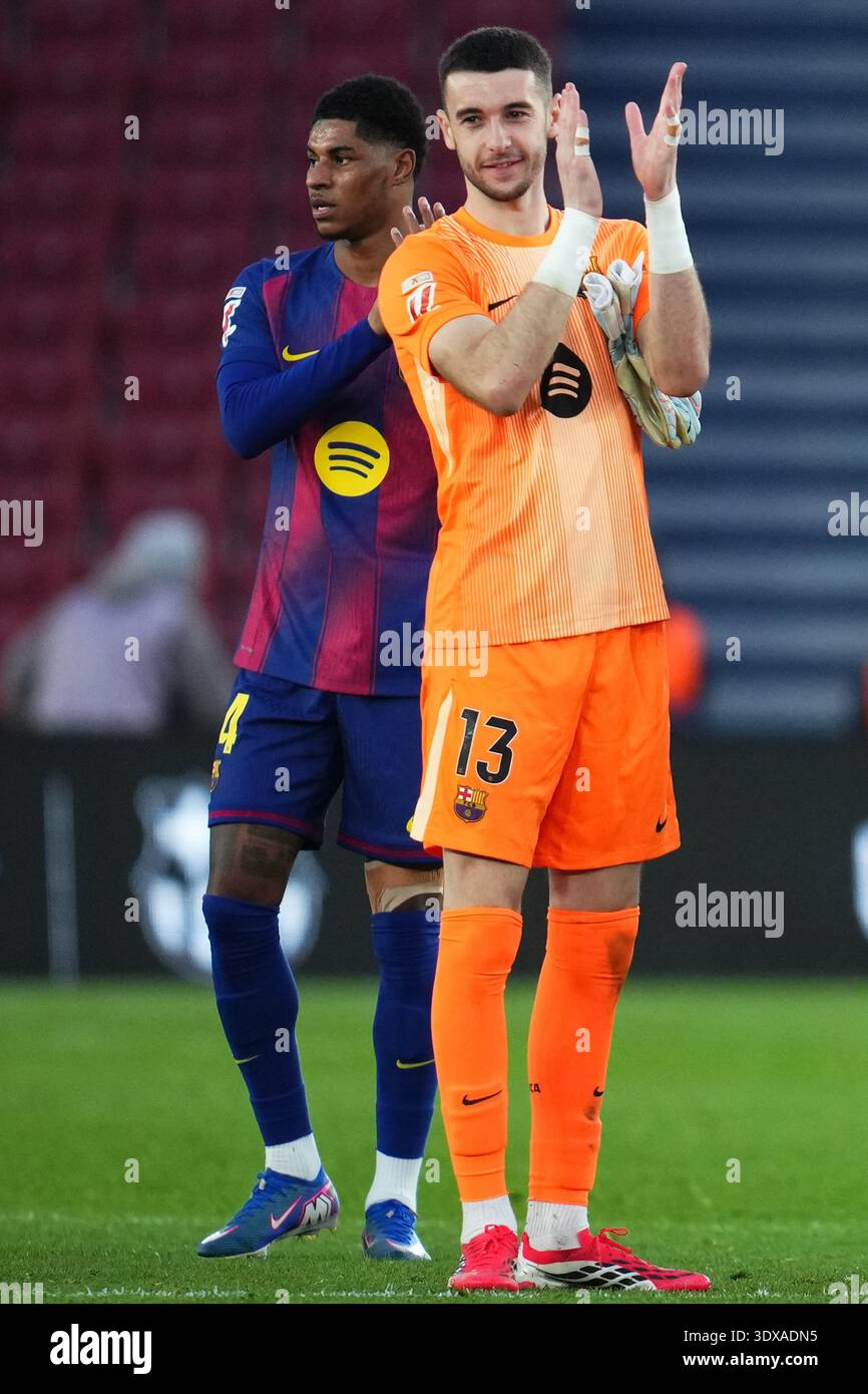 Joan Garcia and Marcus Rashford of FC Barcelona during the La Liga EA ...