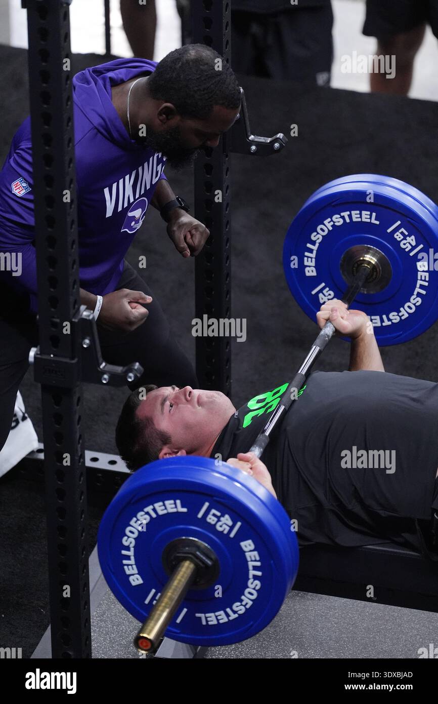 Clemson offensive lineman Blake Miller (35) lifts weights at the NFL ...
