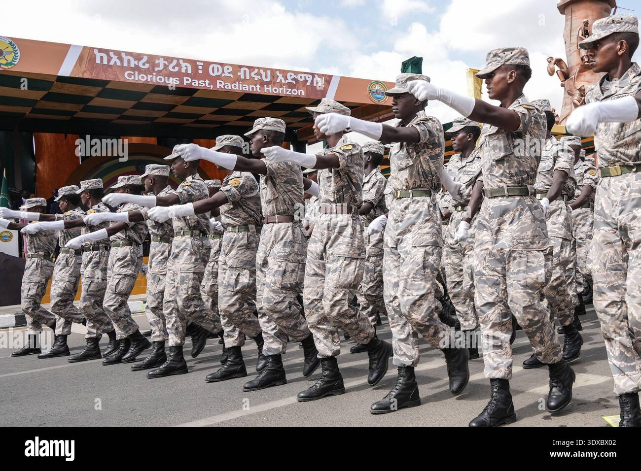 Ethiopian security personnel march in formation during celebrations ...