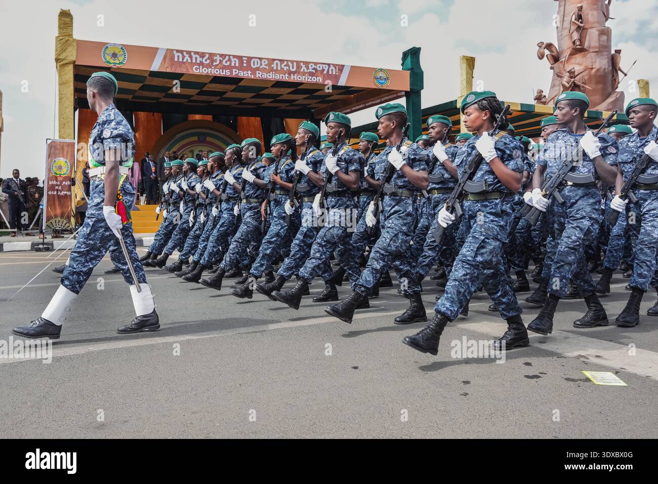 Ethiopian security personnel march in formation during celebrations ...