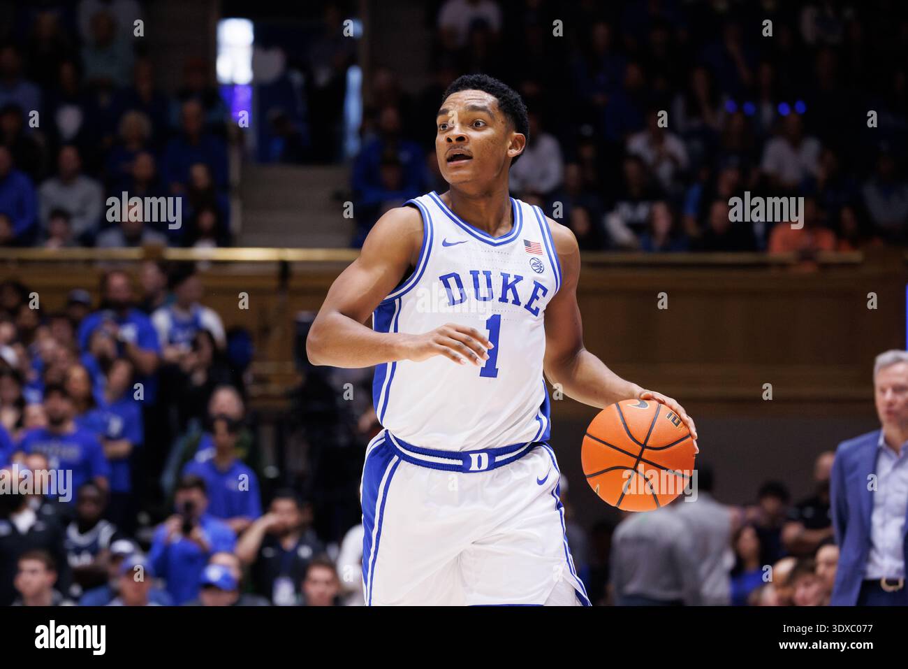 Duke's Caleb Foster (1) handles the ball during an NCAA college ...