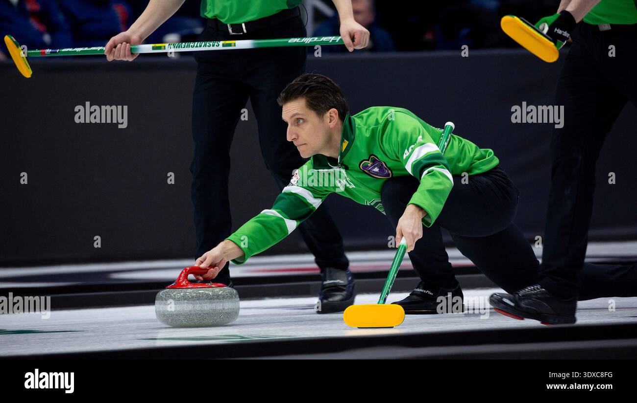 Skip Kelly Knapp, of Team Saskatchewan-Knapp, delivers his stone during ...