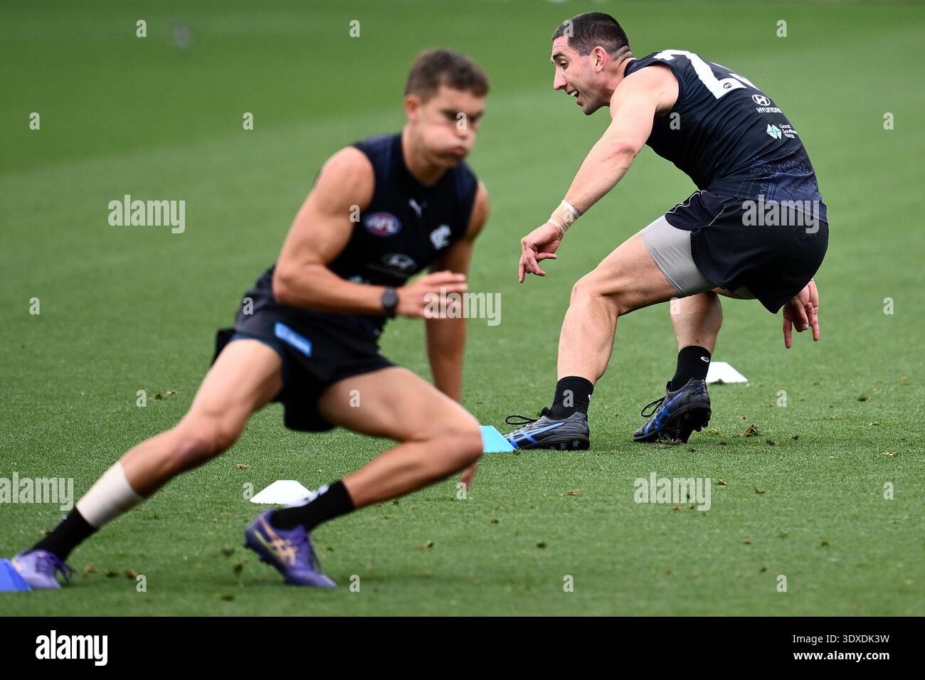 Jacob Weitering of Carlton (right) during an AFL training session at ...