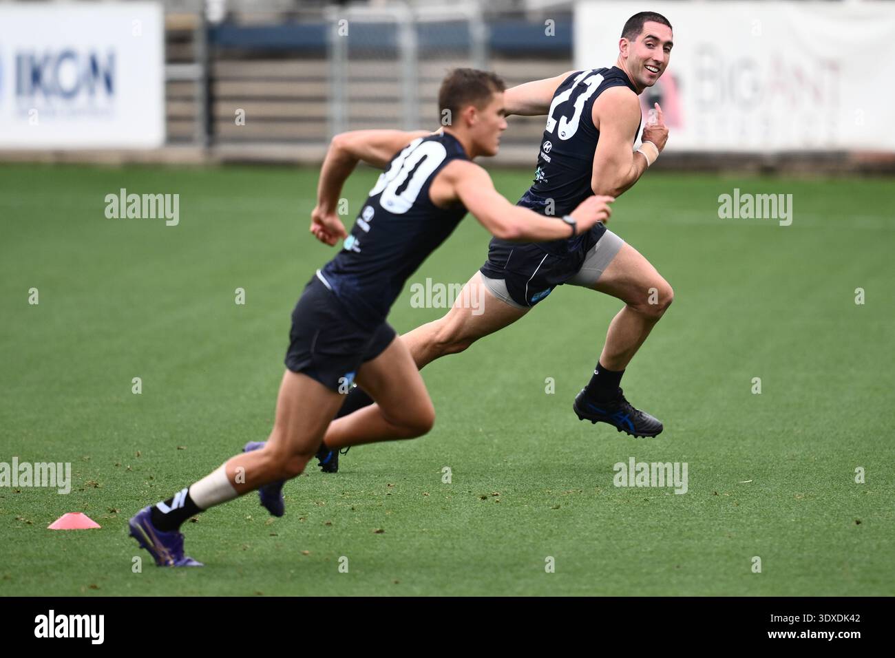 Jacob Weitering of Carlton (right) during an AFL training session at ...