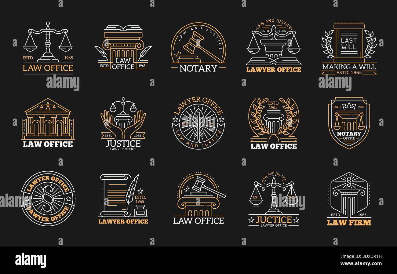 Law office icons, lawyer firm, justice and notary symbols set. Vector ...
