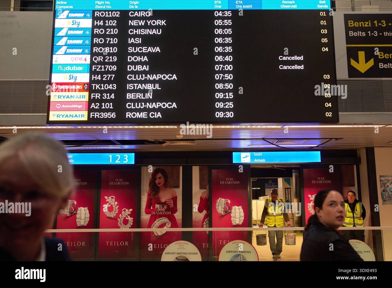 A display in the arrivals terminal of the Henri Coanda International ...