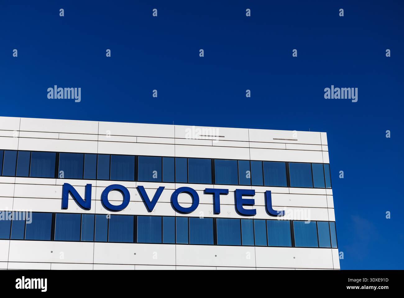 25 February 2026, Bavaria, Munich: The Novotel lettering and logo can ...