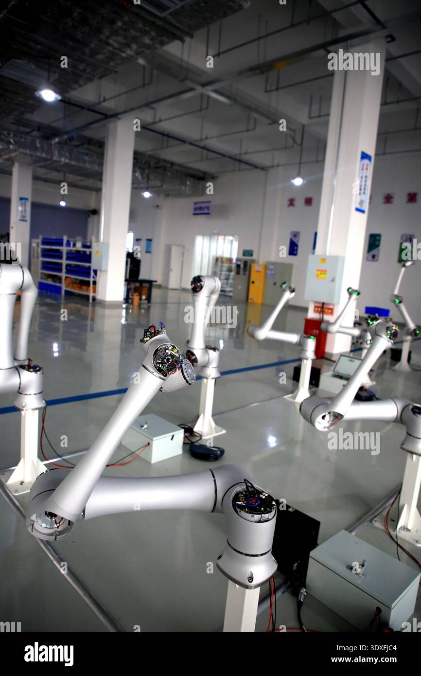 Technicians test collaborative robotic arms at a robot technology ...