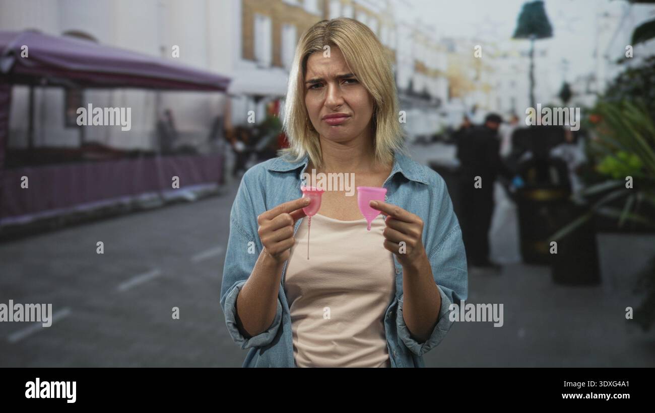 Woman holding two pink menstrual cups between fingers on a busy street ...