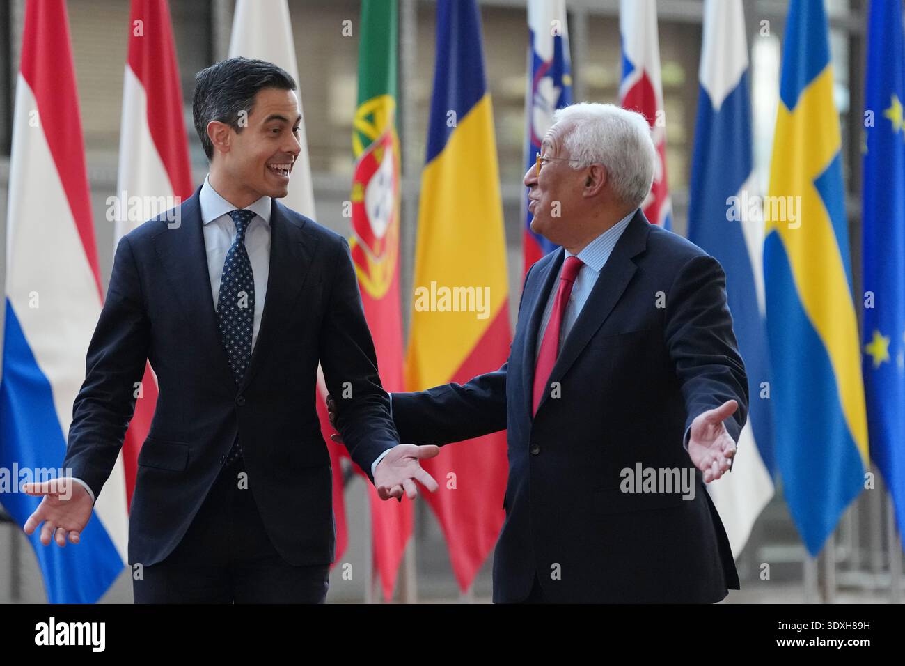 European Council President Antonio Costa, right, walks with Netherland ...