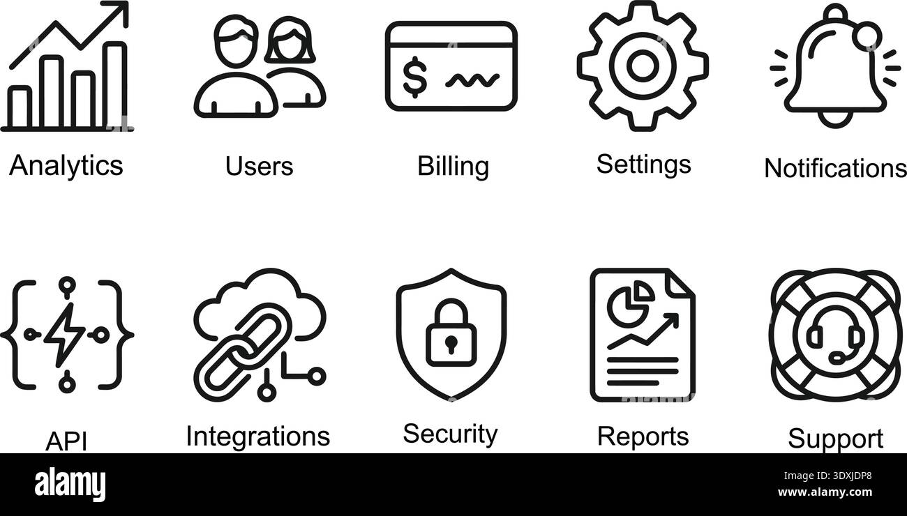 A professional outline icon collection featuring essential dashboard ...